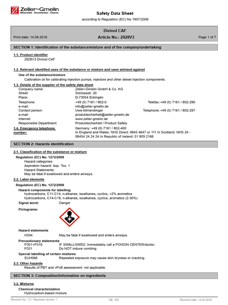 MSDS Divinol | PDF | Dangerous Goods | Waste