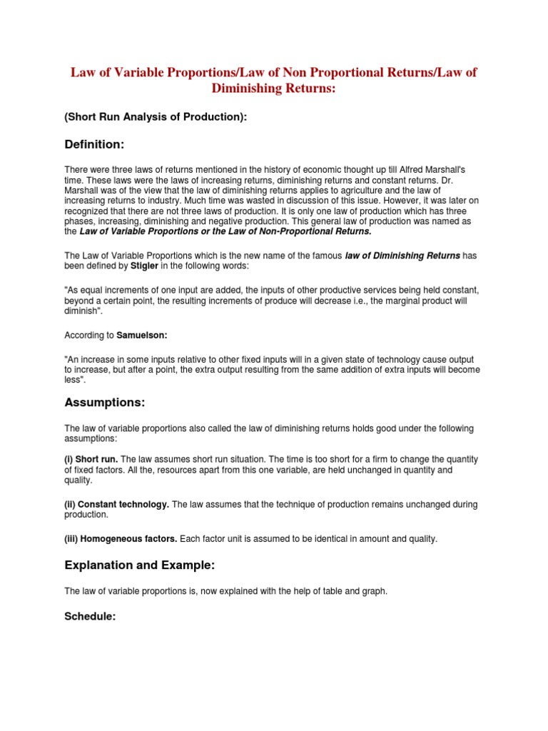 Law of Variable Proportions | PDF | Average Cost | Production Function