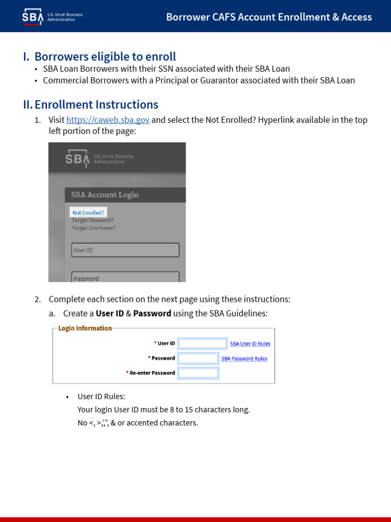 SBA Loan Borrower CAFS Enrollment Guide | PDF | Password | Login