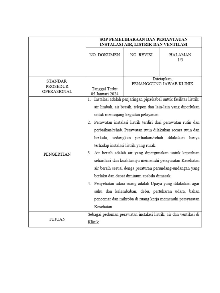 Sop Pemeliharaan Instalasi Air, Listrik, Ventilasi Dan Gas Medik | PDF