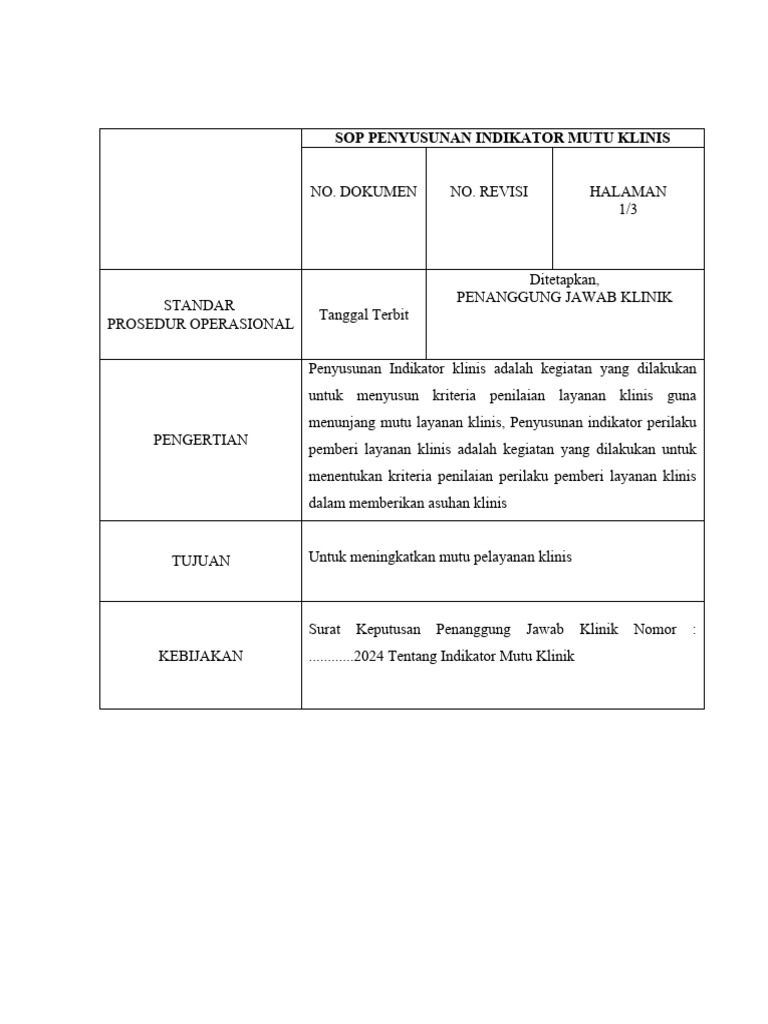 SOP Indikator Mutu Layanan Klinis | PDF