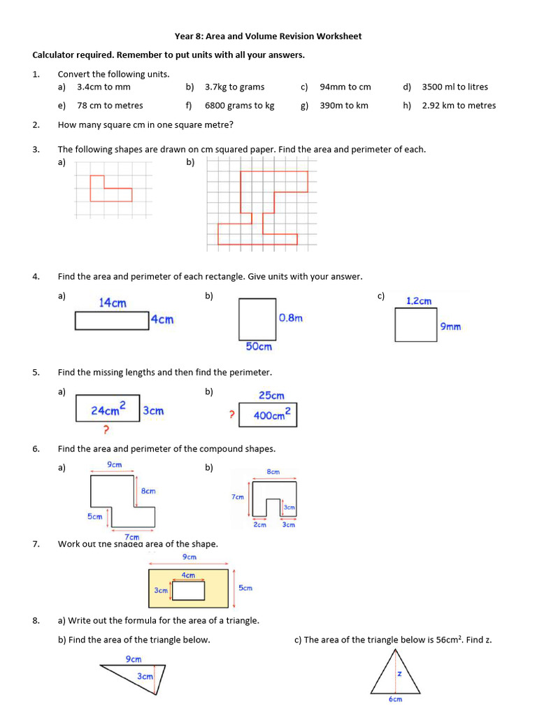 Year 8 Area and Volume Revision Worksheet | PDF | Area | Volume