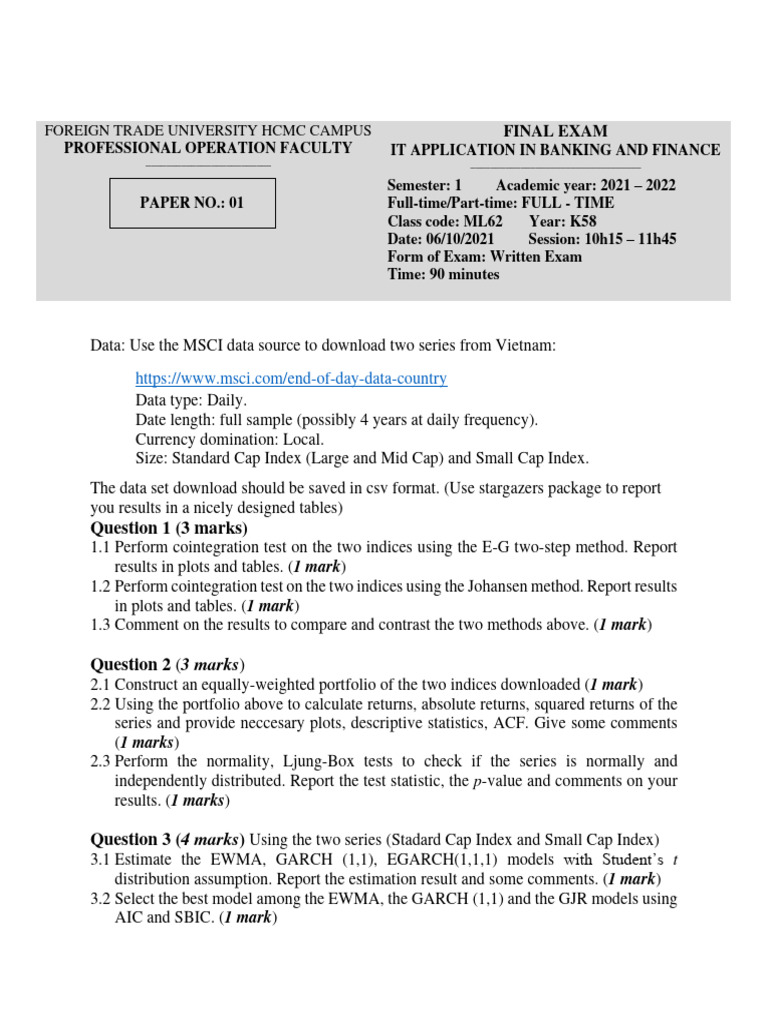 Đề Thi IT Banking and Finance | PDF | Statistical Inference ...