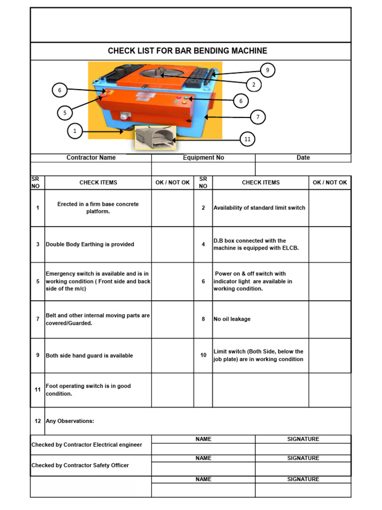 Checklist For Bar Bending Machine | Download Free PDF | Manufactured Goods