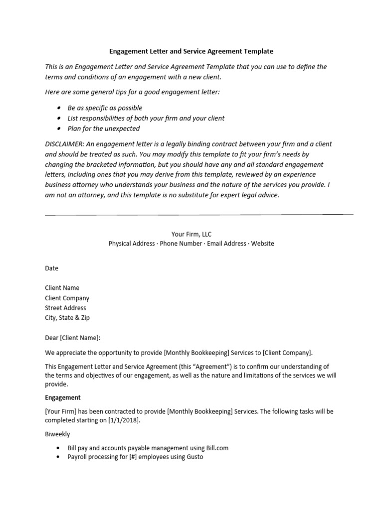 Engagement Letter and Service Agreement Template | Download Free PDF ...