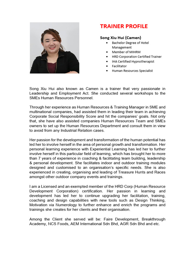 Trainer Profile: Song Xiu Hui (Camen) | PDF | Career & Growth | Business