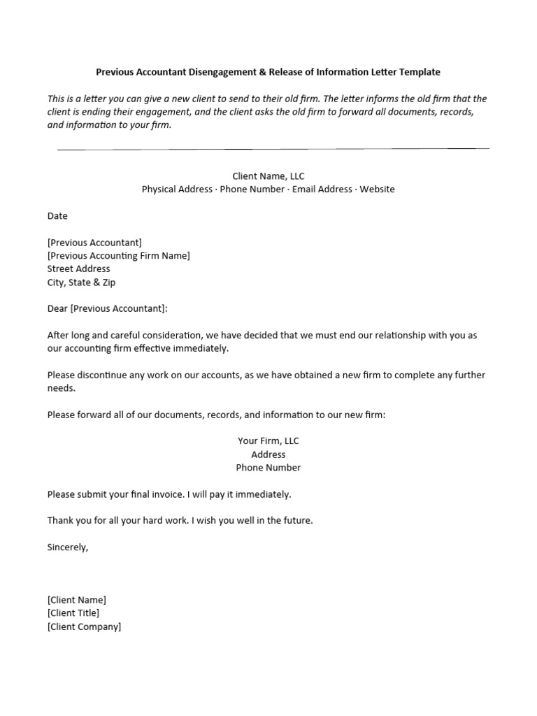 Previous Accountant Disengagement Letter Template PDF
