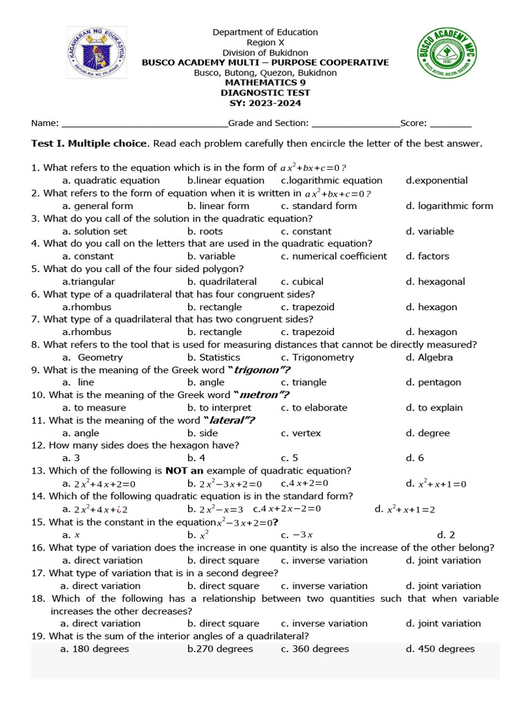 MATh diagnostic exam | PDF | Line (Geometry) | Equations