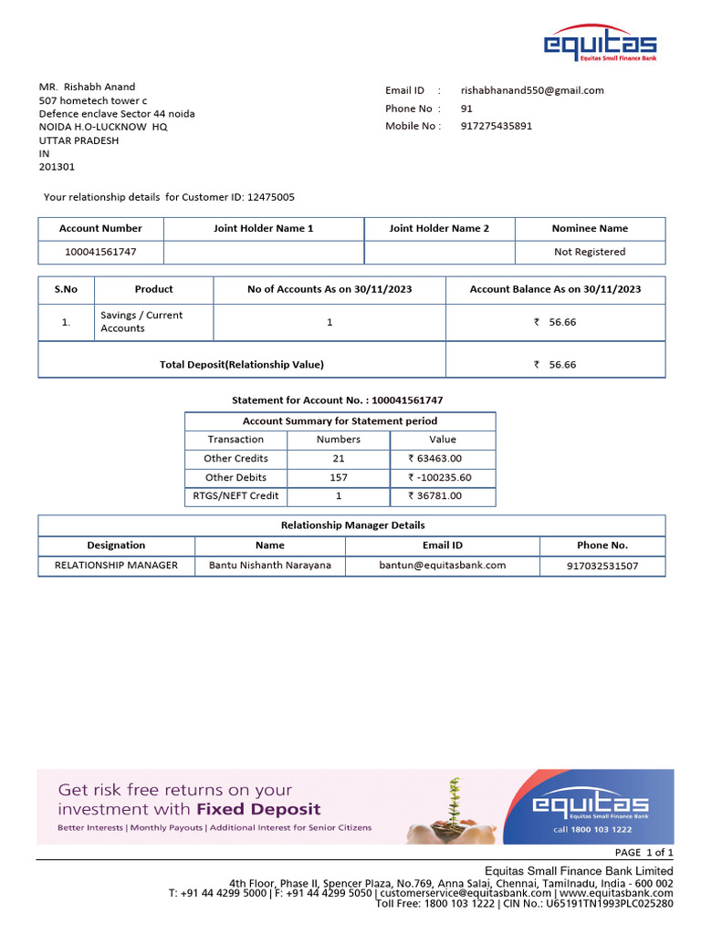 Eq Savings Account Statement 30-11-2023 12475005 | PDF | Cheque | Banks