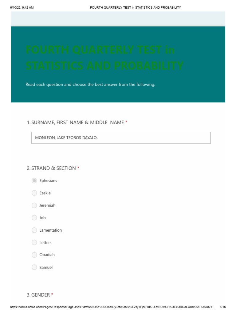Fourth Quarterly Test In Statistics And Probability Download Free Pdf