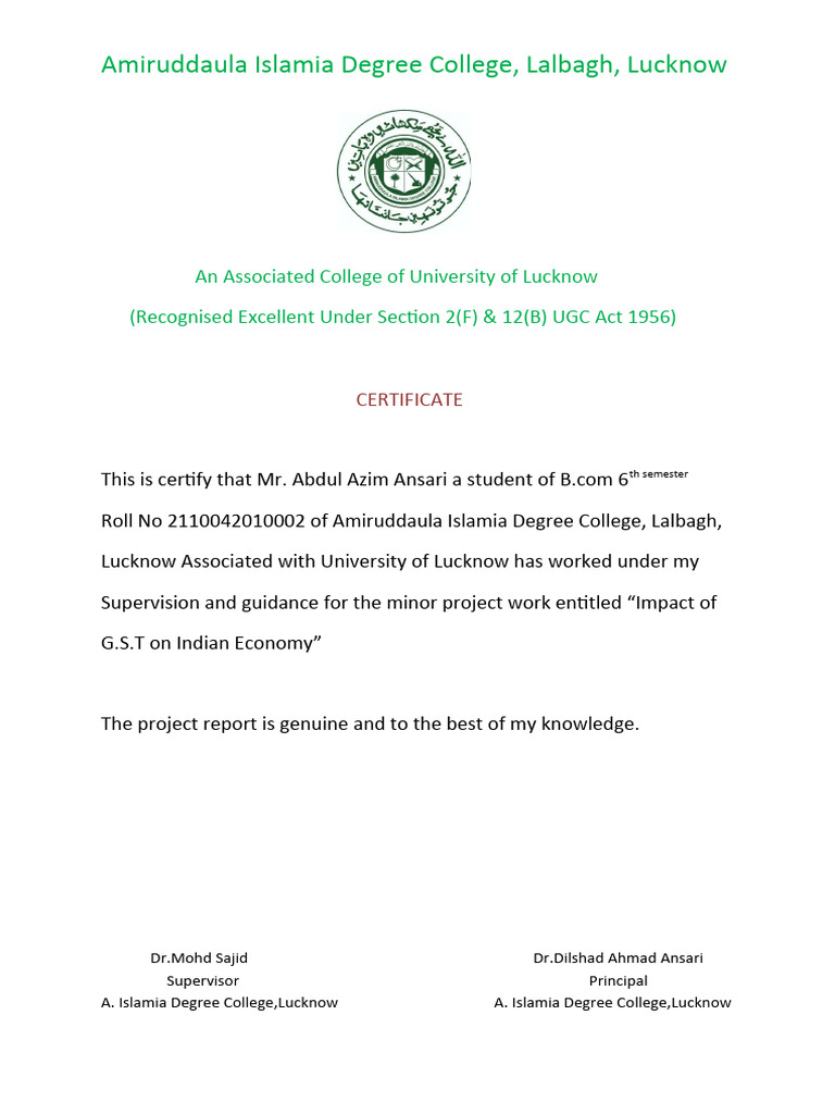 Certificate for Minor Project Work | PDF