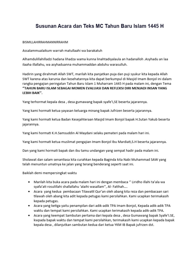 Susunan Acara Dan Teks MC Tahun Baru Islam 1445 H | PDF Susunan Acara Dan Teks MC Tahun Baru Islam 1445 H | PDF