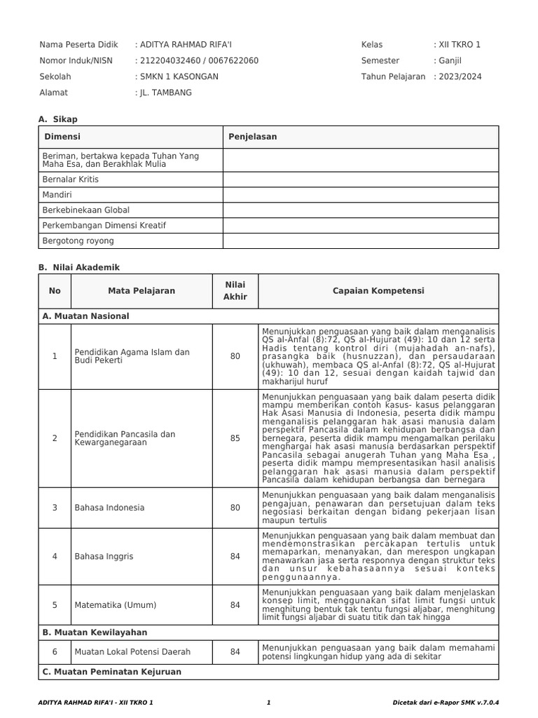 Rapor Aditya Rahmad Rifa'i - Xii Tkro 1 | PDF