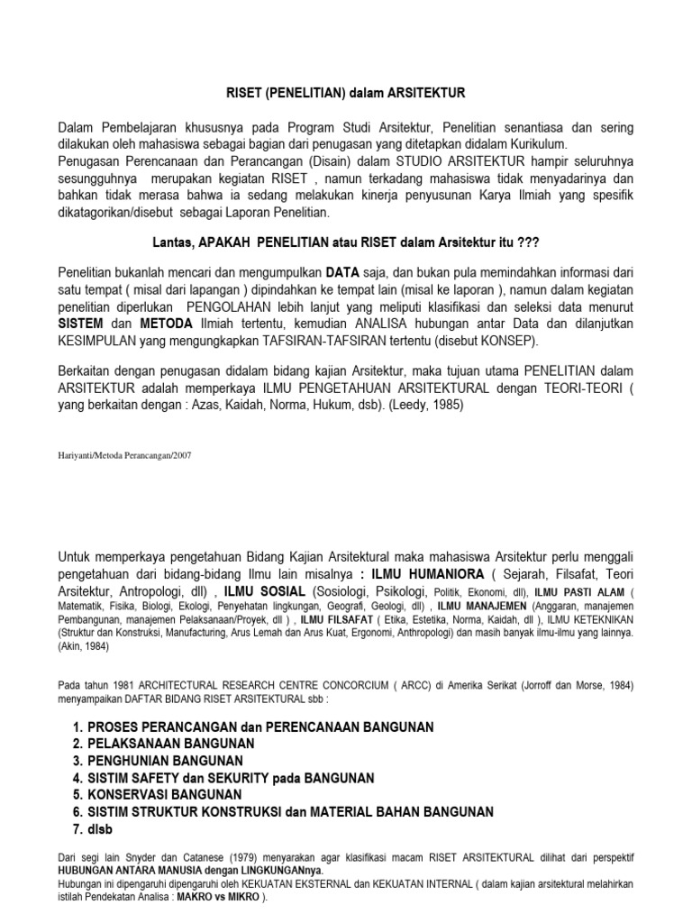 Riset Arsitektur: Metode dan Tujuan | PDF | Teknologi & Rekayasa