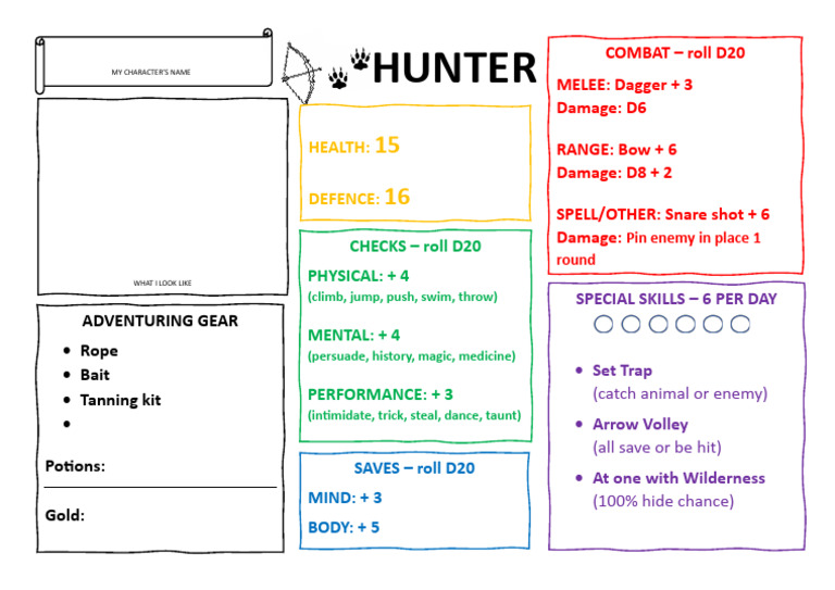 Kids Character Sheet - HUNTER | PDF