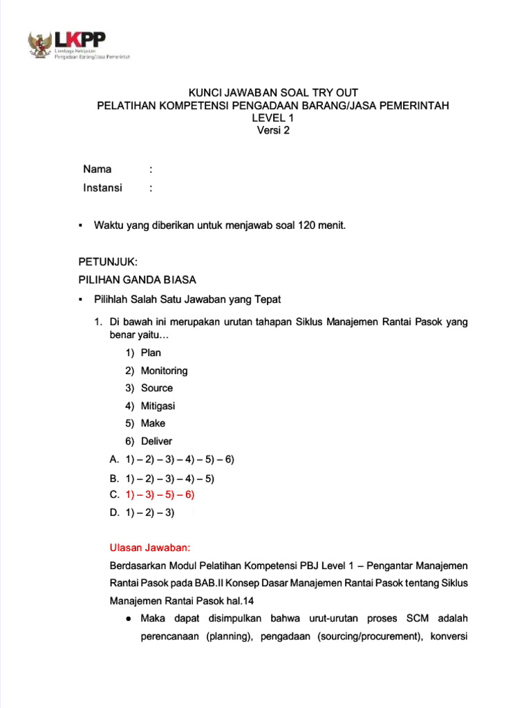 PDF KJ Try Out Pelatihan Kompetensi PBJP Level 1 Versi 2 Compress | PDF