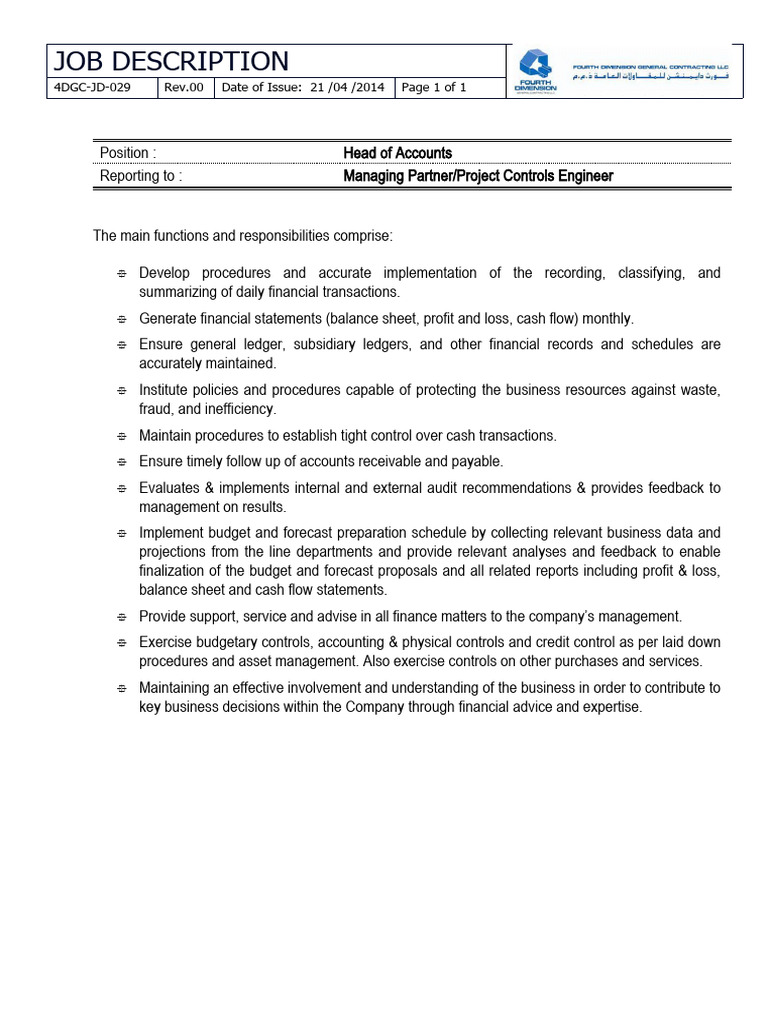 4DGC-JD-029 - Head of Accounts | PDF