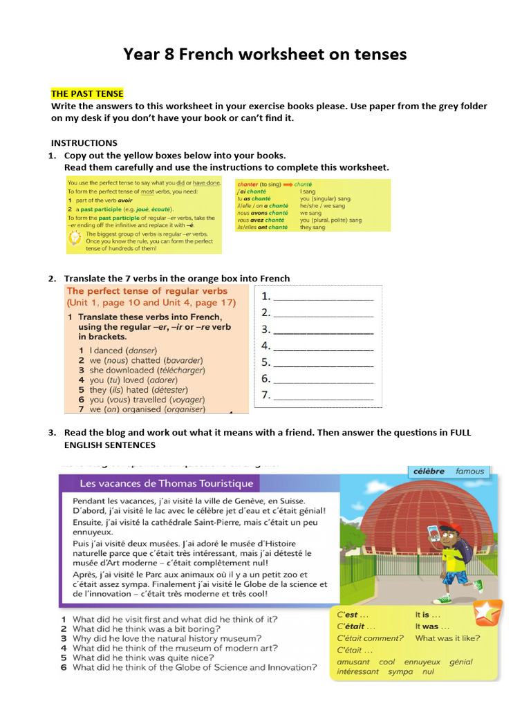 Y8 French Past Tense Homework Sheet | PDF