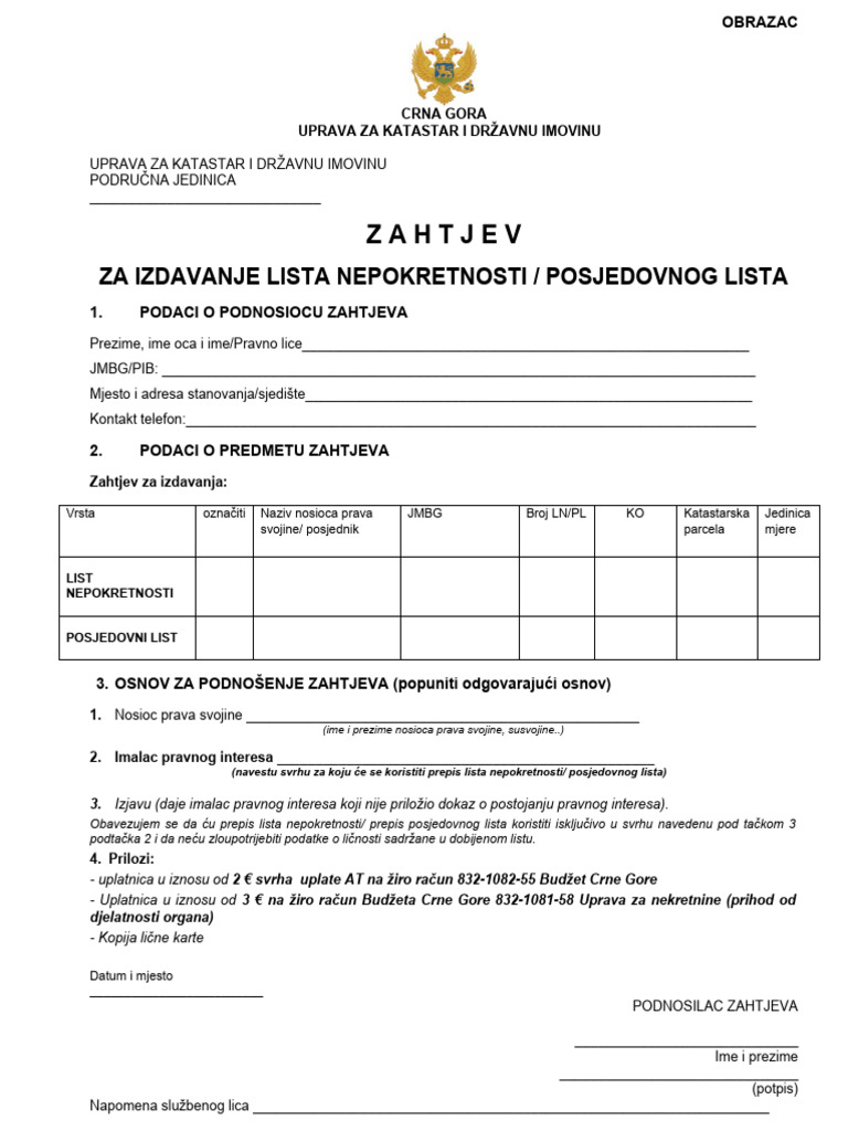 Zahtjev Za Izdavanje Lista Neporketnosti-Posjedovnog Lista | PDF