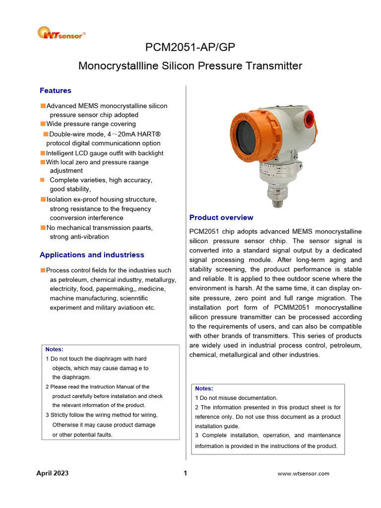 PCM2051-APGP Monocrystalline Silicon Pressure Transmitter | PDF ...