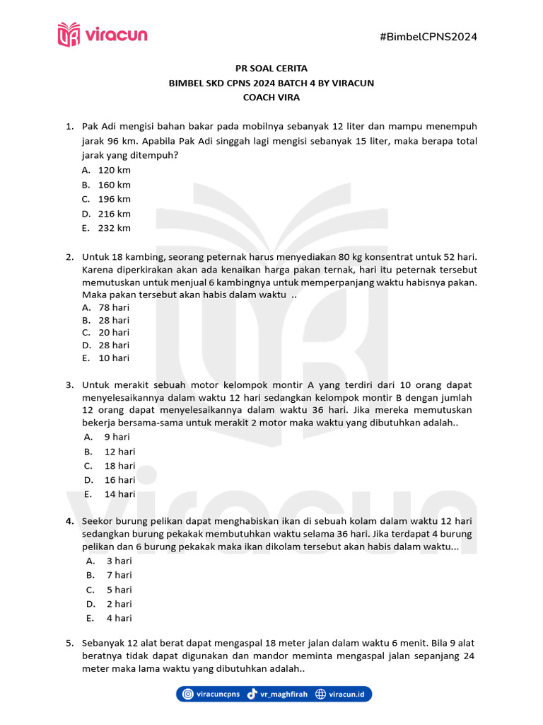 #Bimbelcpns2024 PR Soal Cerita Bimbel SKD Cpns 2024 Batch 4 by Viracun Coach Vira | PDF