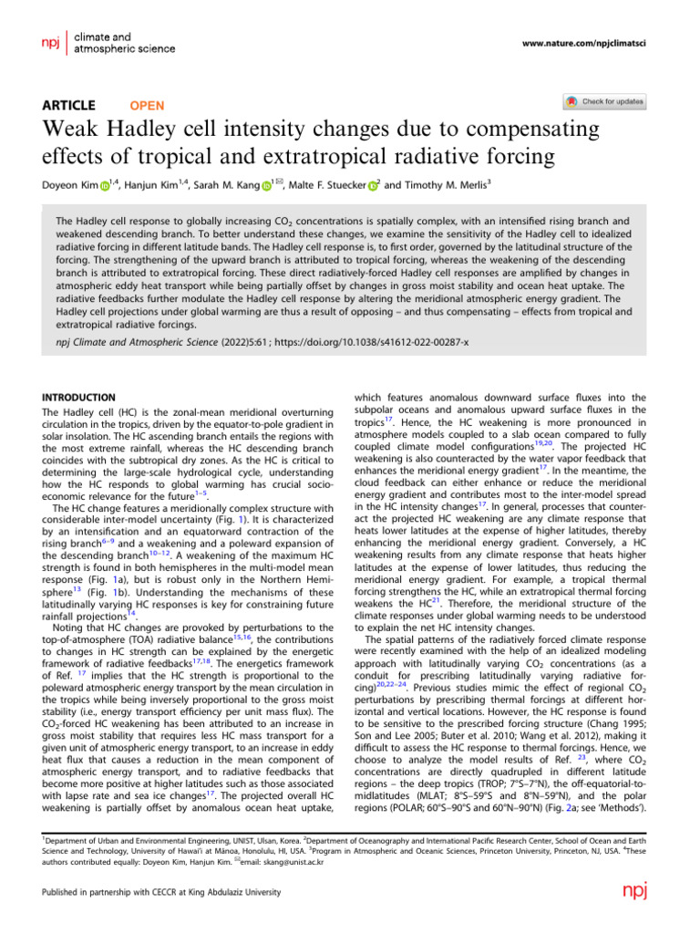 Weak Hadley Cell Intensity Changes Due To Compensating Effects of ...