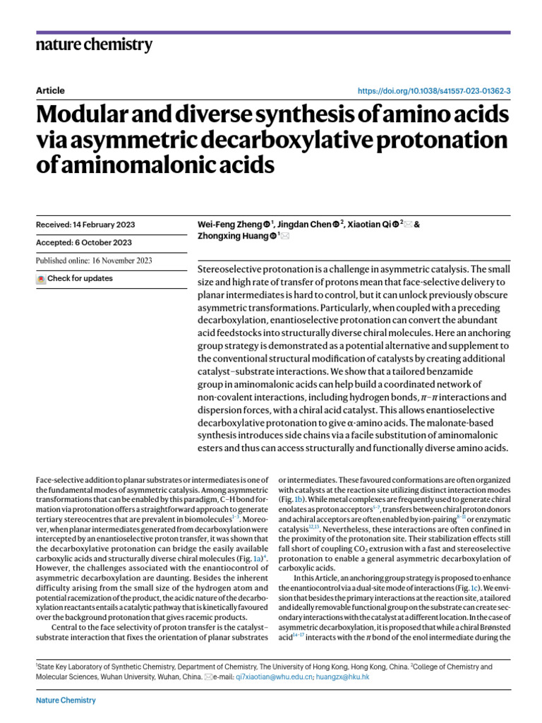 Modular and Diverse Synthesis of Amino Acids Via Asymmetric Decarboxylative Protonation of ...