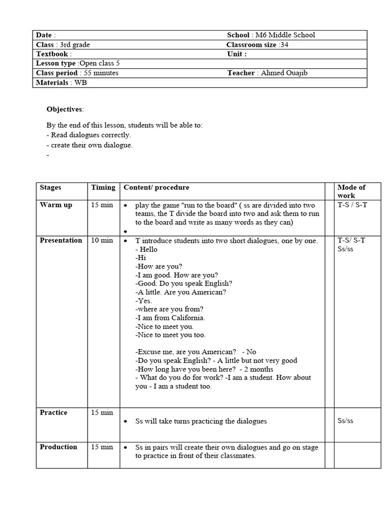 Dialogue Practice Lesson Plan | PDF