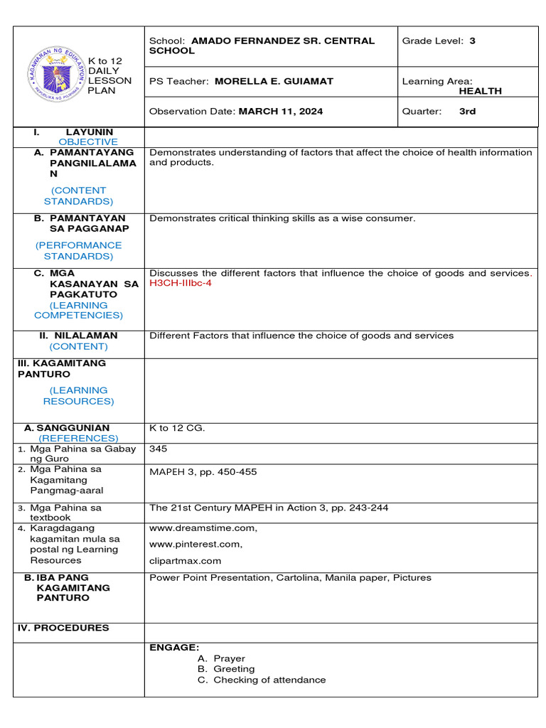 Health Lesson PLan 3rd Quarter | PDF