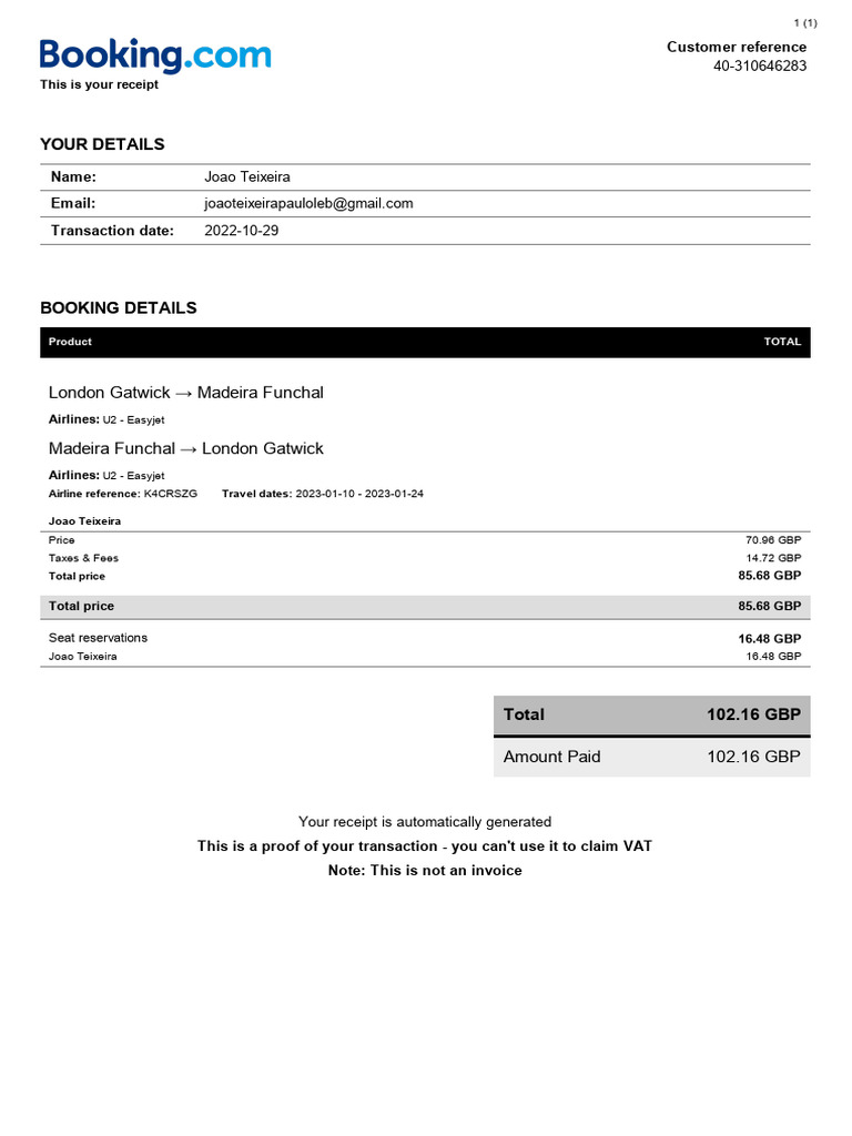EasyJet Flight Receipt for Joao Teixeira | PDF