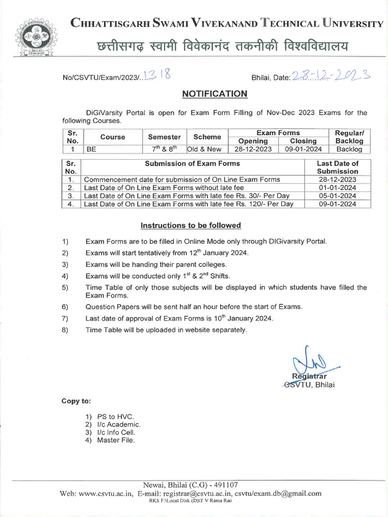 Notification - DiGiVarsity Portal Open For Exam Form Filling of Nov-Dec 2023 Exams | PDF