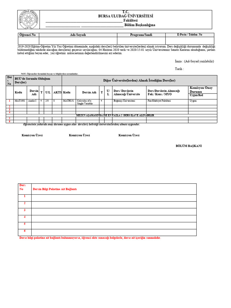 Yaz Ogretimi Denklik Formu 2019 2020 | PDF