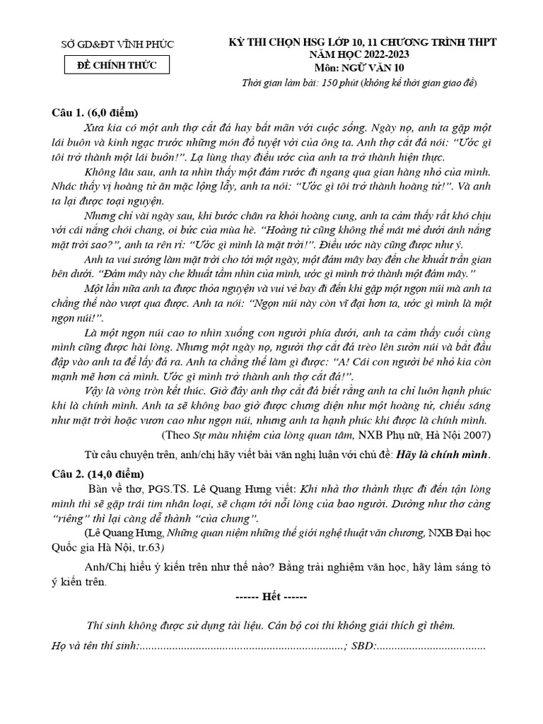 De Thi Hoc Sinh Gioi Ngu Van 10 Nam 2022 2023 So GDDT Vinh Phuc | PDF