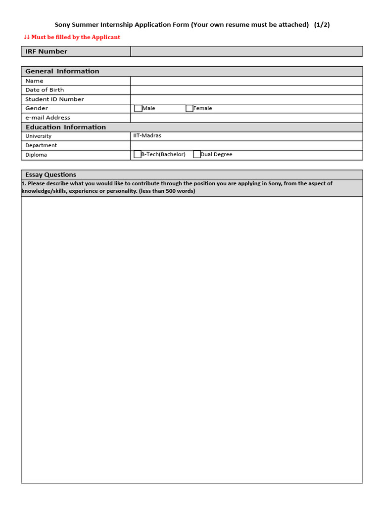 Sony Summer Internship Application Form | PDF | Games & Activities