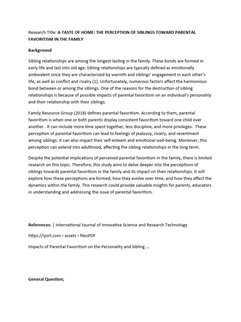 A TAST OF HOME PERCEPTION OF SIBLINGS TOWARD FAVORITISM IN THE FAMILY ...