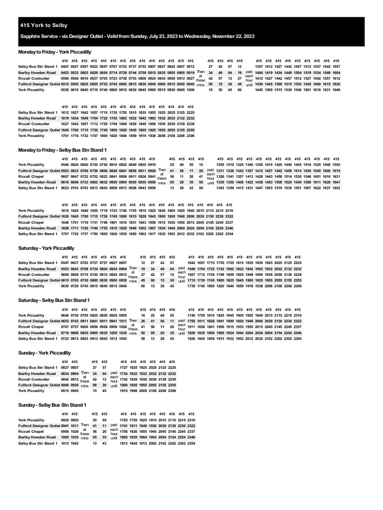 415 Bus Timetable: York to Selby | PDF