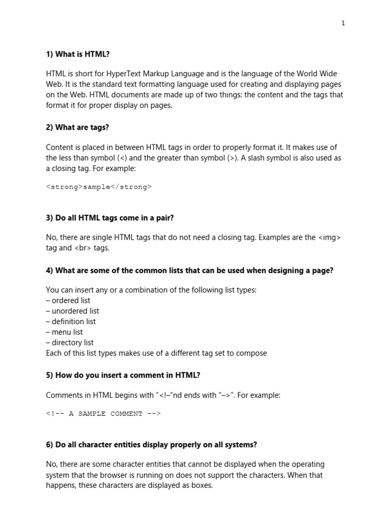 Short Questions Answers HTML | PDF | Html Element | Html