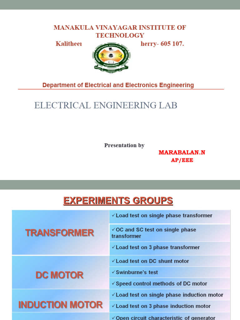 Electrical Engineering Lab PPT for Review | PDF | Transformer | Electric Motor