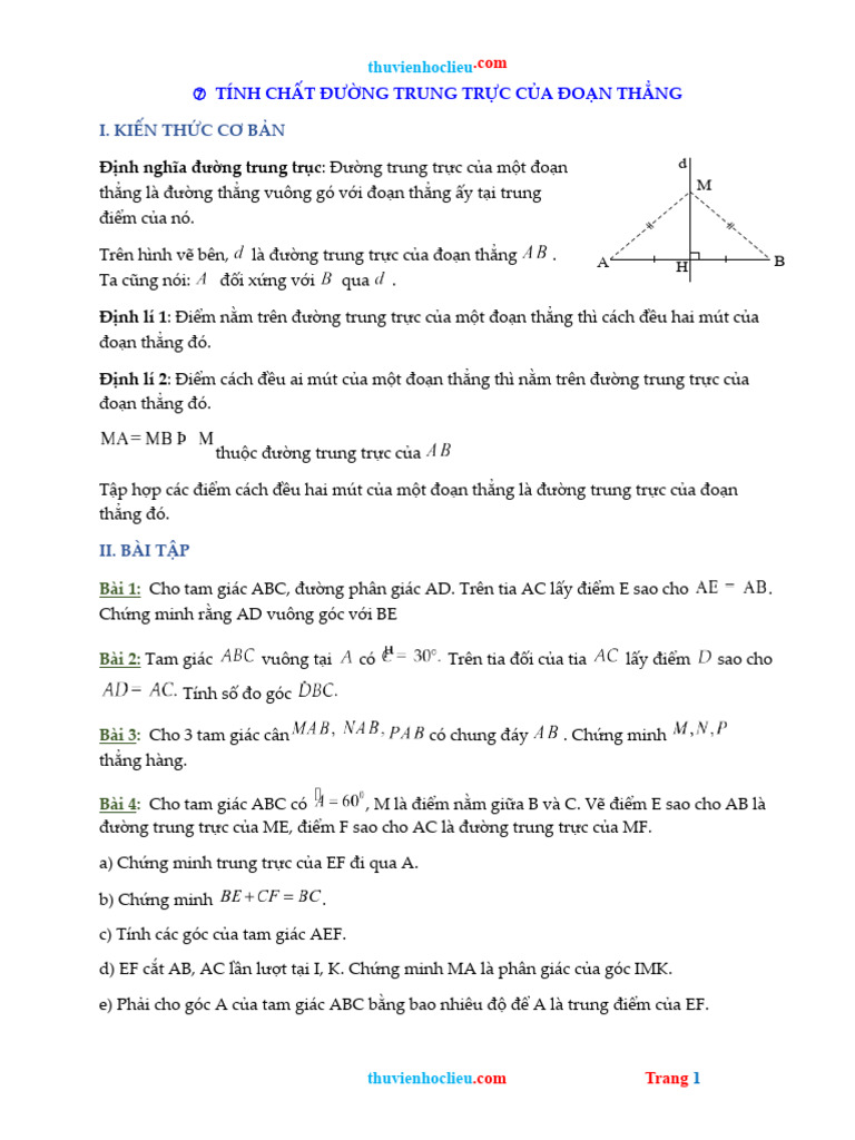 Bai Tap Hinh Hoc 7 Tinh Chat Duong Trung Truc Cua Doan Thang | PDF