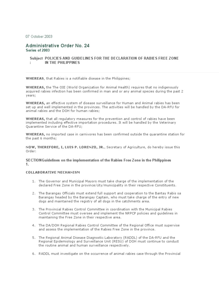 Declaration for Rabies Free Zone | Quarantine | Rabies