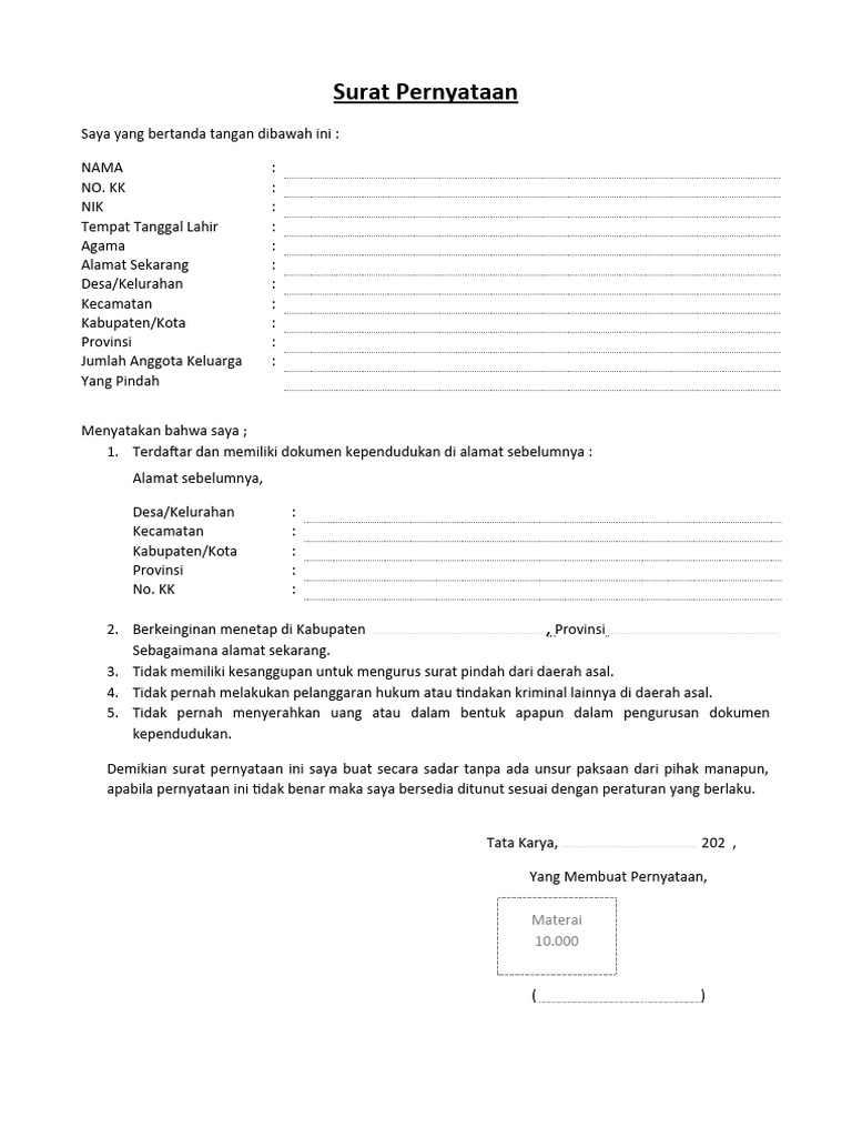 Surat Pernyataan Tarik Data Warga Pindah | PDF