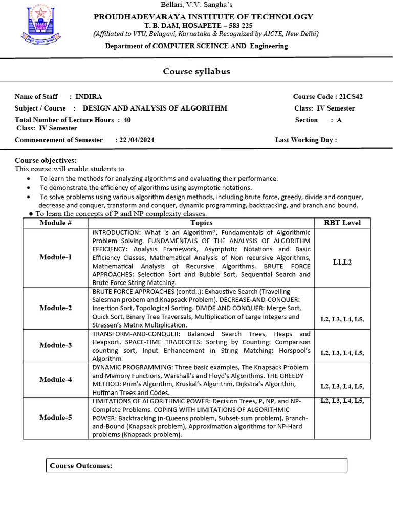Ada Lesson Plan Bcs401 | PDF | Computational Complexity Theory | Algorithms Ada Lesson Plan Bcs401 | PDF | Computational Complexity Theory | Algorithms