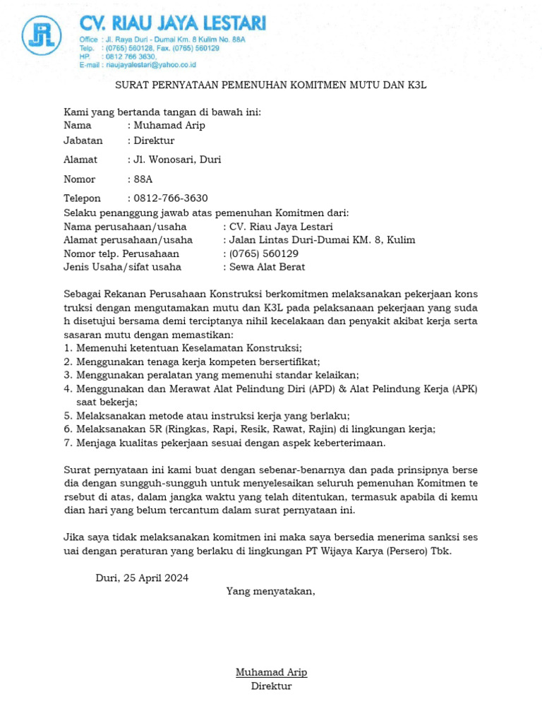 FORMAT_SURAT_PERNYATAAN_PEMENUHAN_KOMITMEN_MUTU_&_KOMITMEN | PDF