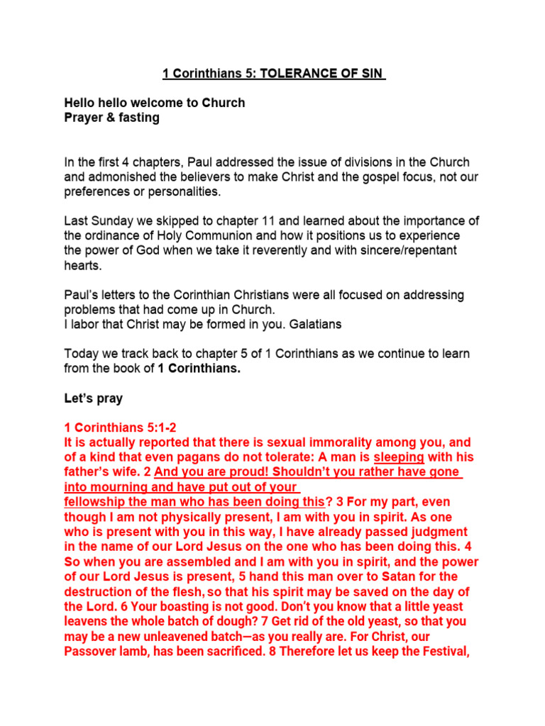 1 Corinthians 5 TOLERANCE OF SIN | PDF | Jesus | First Epistle To The Corinthians
