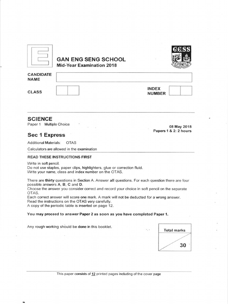 Sec 1 Science SA1 Gan Eng Seng Sec 2018 | PDF | Density | Mixture