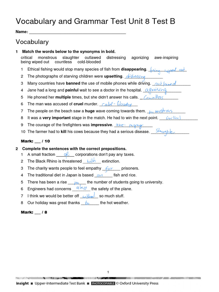 Vocabulary Grammar Test Unit 8 Test B | PDF