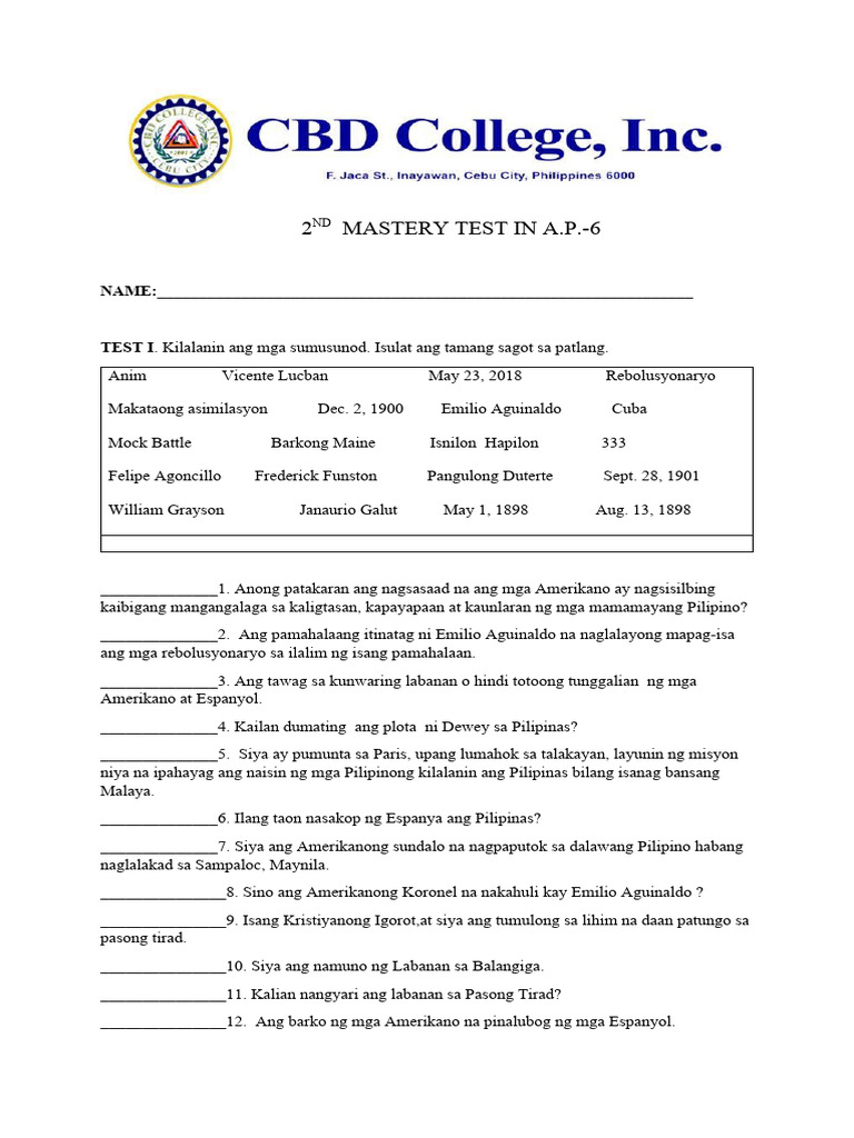 2ND Mastery Test Ap 62023 2024 | PDF