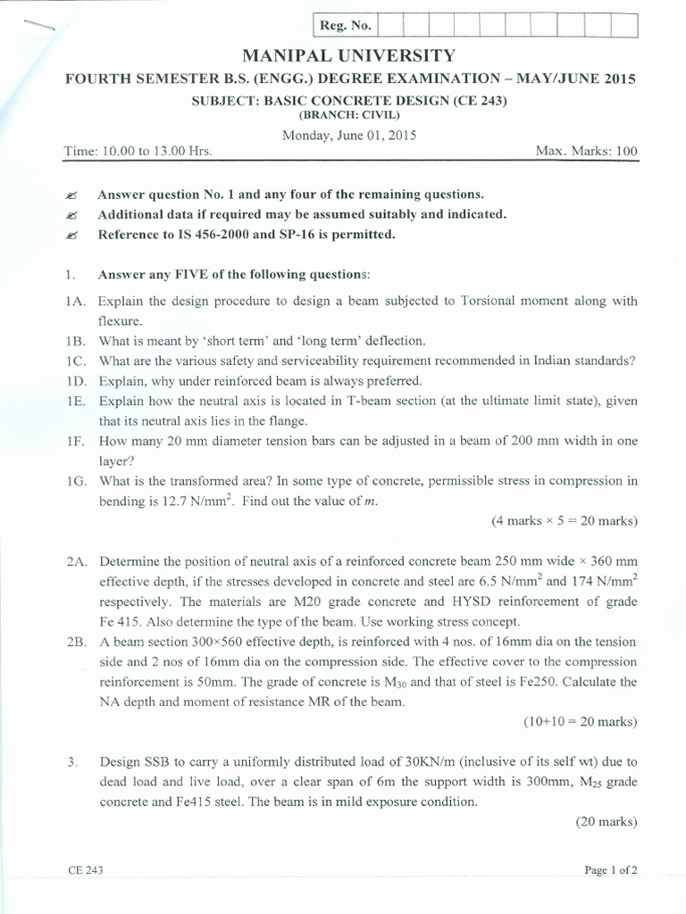 Basic Concrete Design Exam Questions | PDF | Beam (Structure) | Bending