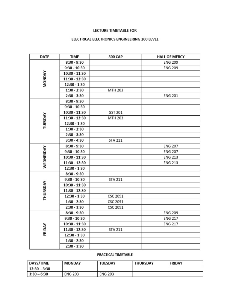 Eee 200lvl Timetable | PDF