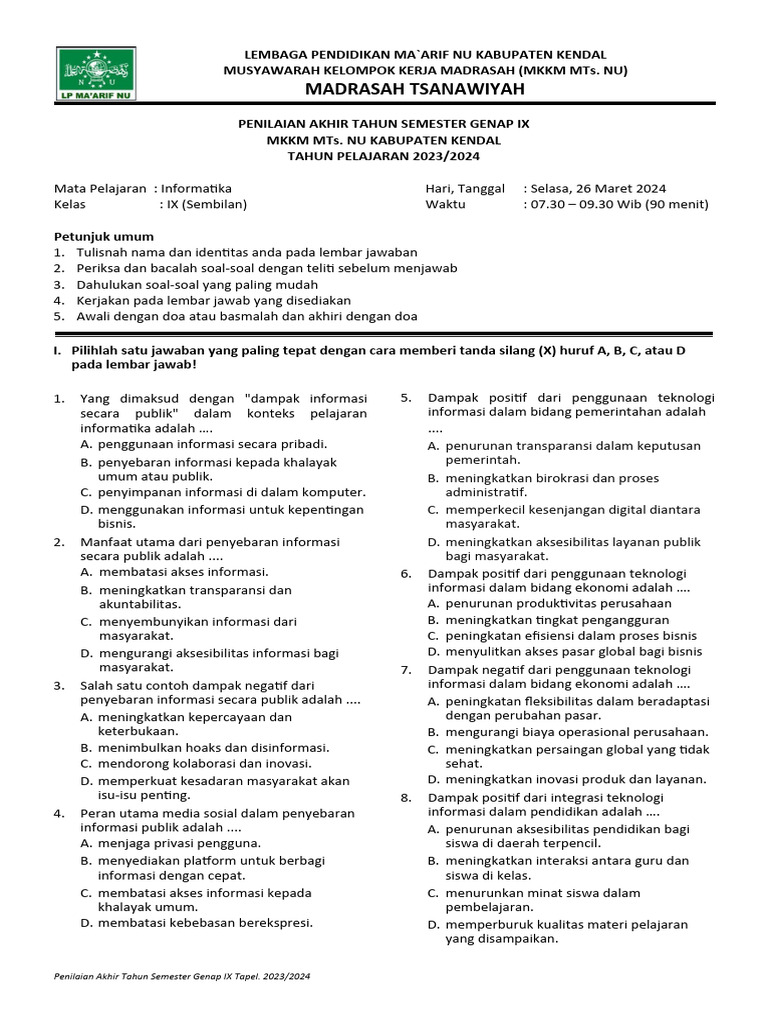 Soal PAT Informatika 9 tp. 2023-2024 | PDF